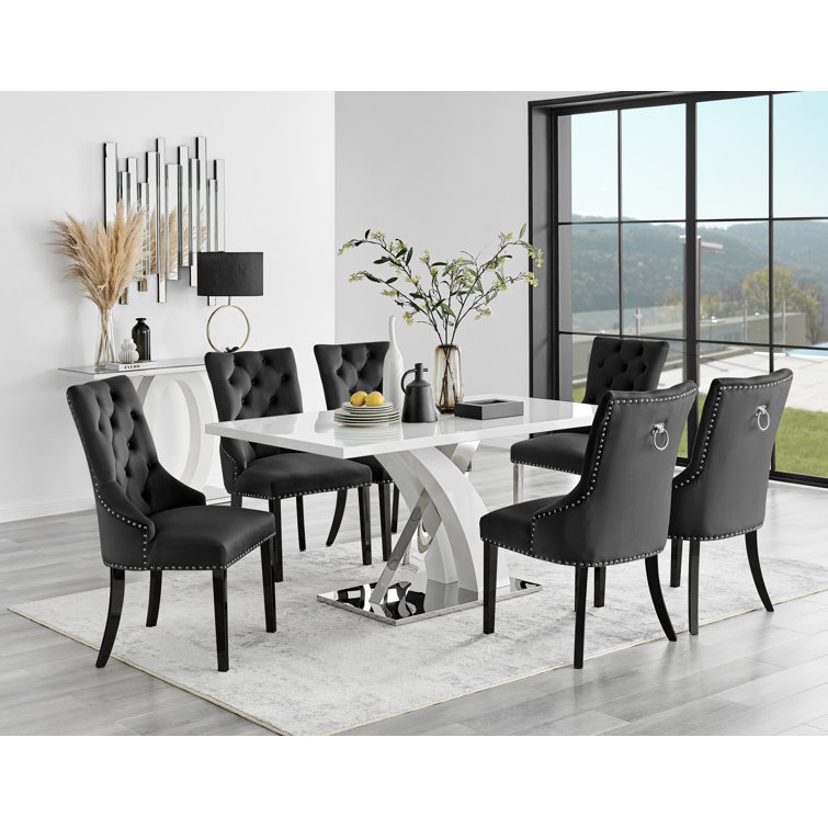 Canora Grey Marietta Chrome Metal & White High Gloss Dining Table Set - 6 Button Luxury Velvet ...